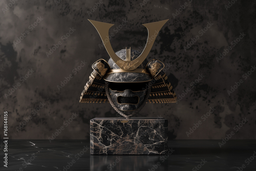 A samurai helmet sculpture on wooden base, simple background, blender ...