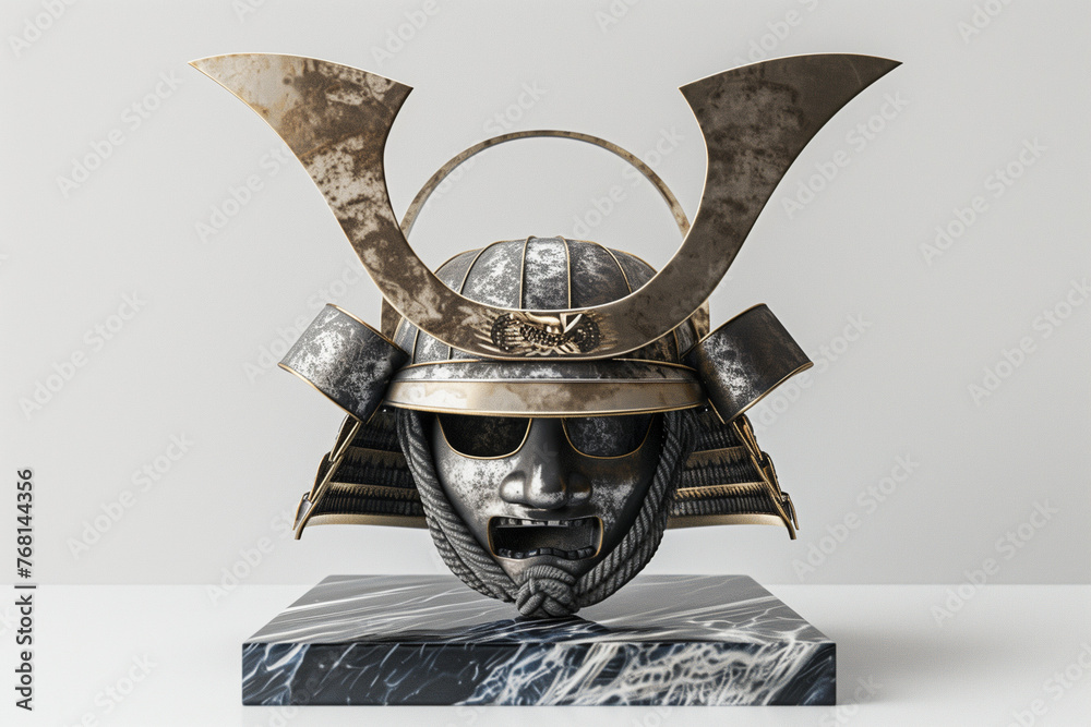 A samurai helmet sculpture on wooden base, simple background, blender ...