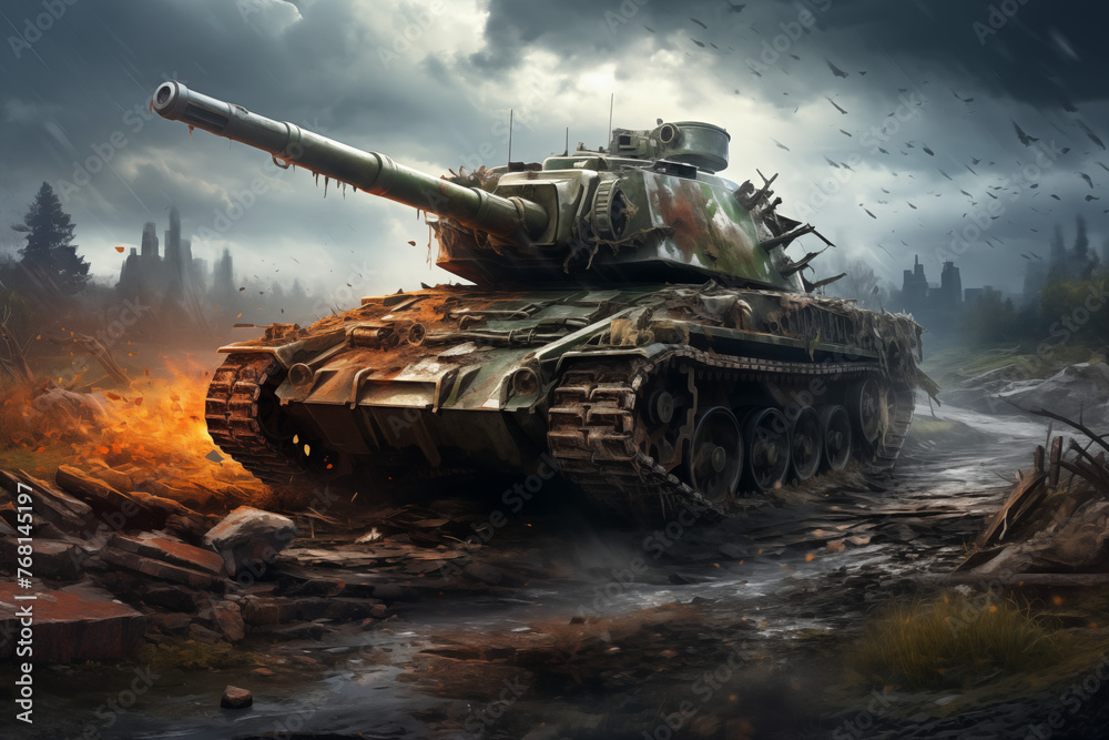 Tank on a battlefield. World War II. Third World War. War between ...