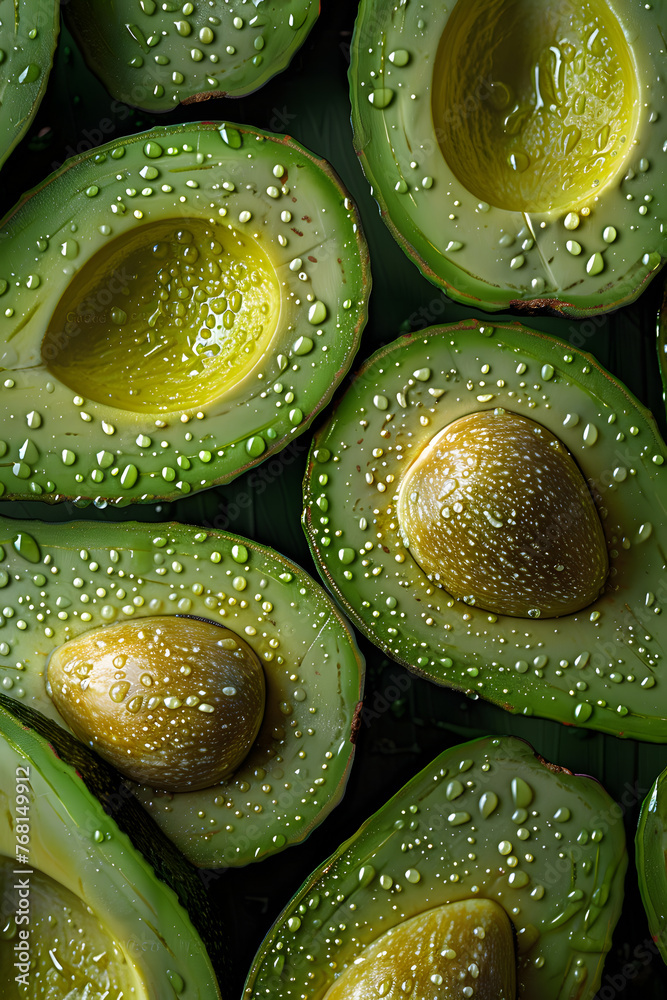 The green avocados, a terrestrial plant organism, are cut in half and ...