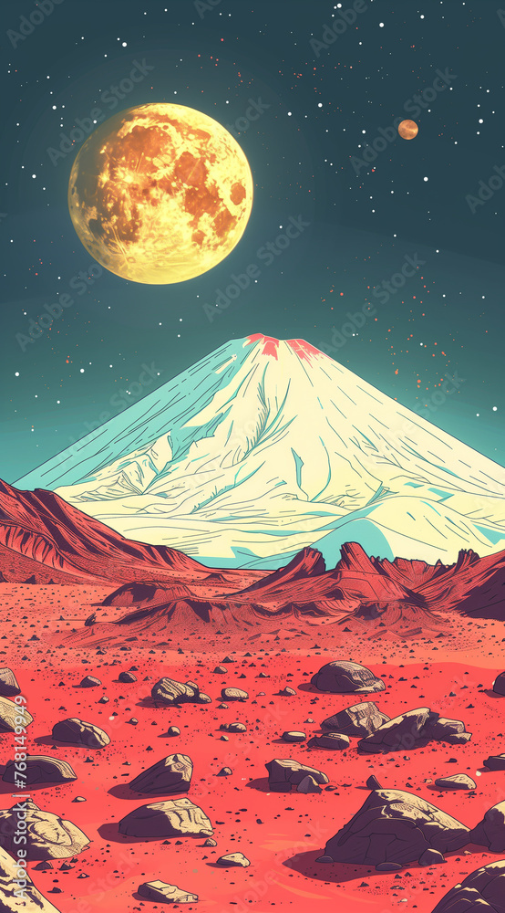 M imperialism on Mars, anime style, white and red mountain in the ...