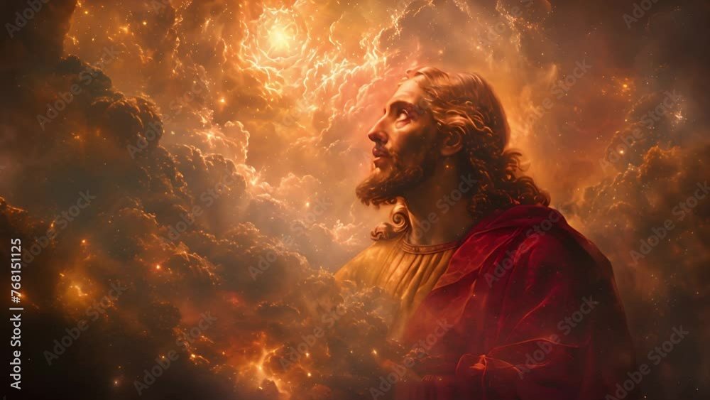 God in the clouds. The resurrected Jesus Christ ascending to heaven ...