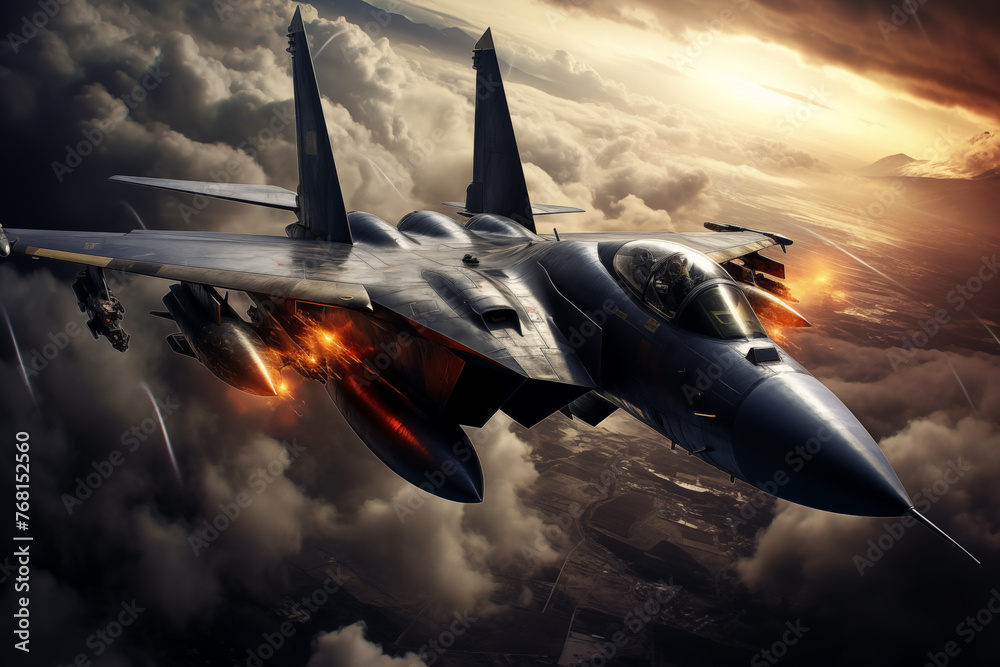 Fighter plane in the sky. Air Force. Military service. Air war ...