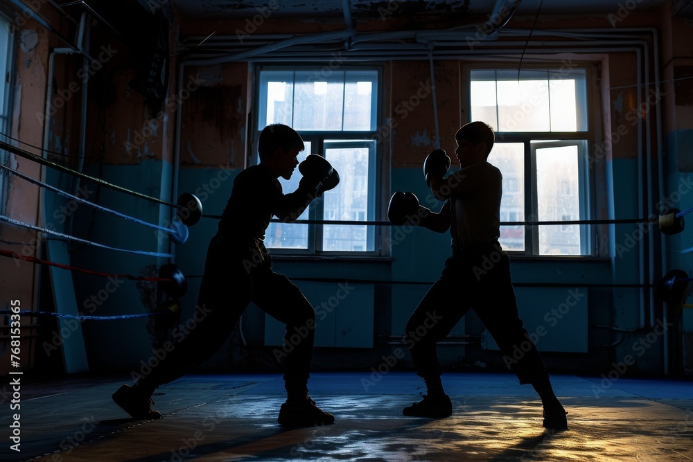 Two men stand side by side in a boxing ring, poised and ready for a ...