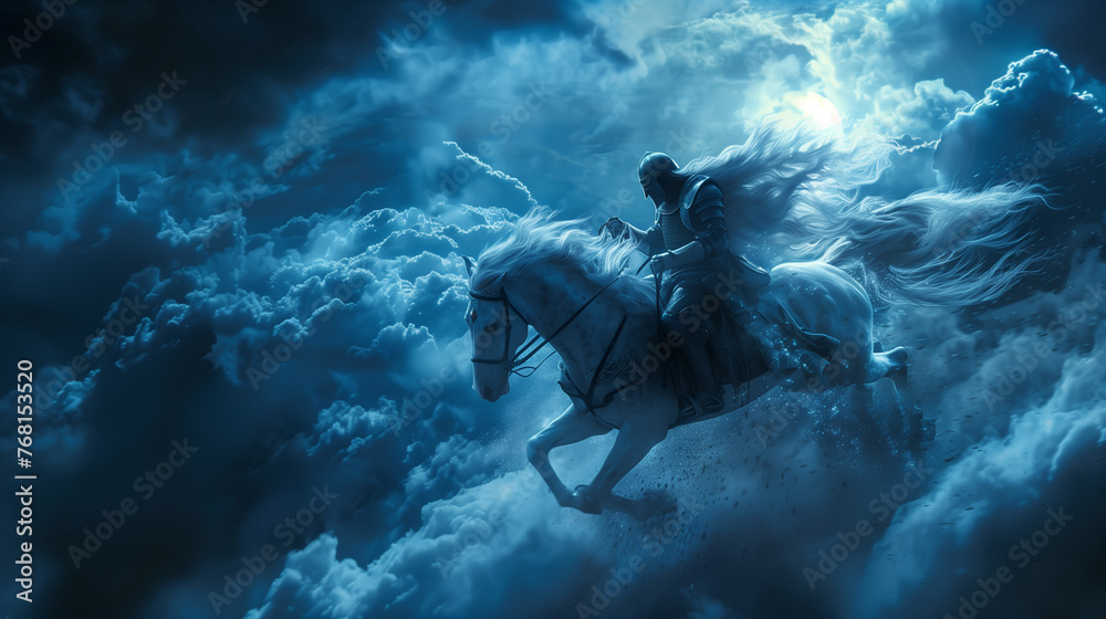 Ancient warrior knight flying on white horse in the blue clouds Stock ...