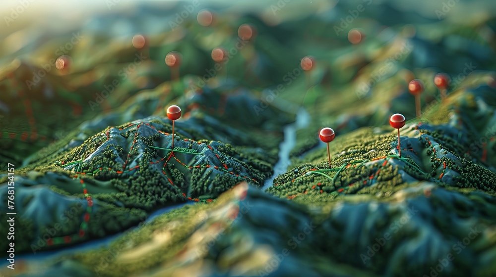 Illustration of a point-to-point travel route with red thumbtacks and ...