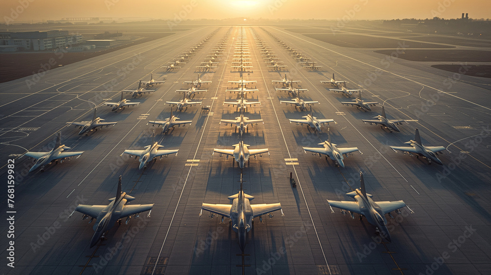 An expansive military airfield viewed from above, rows of sleek fighter ...
