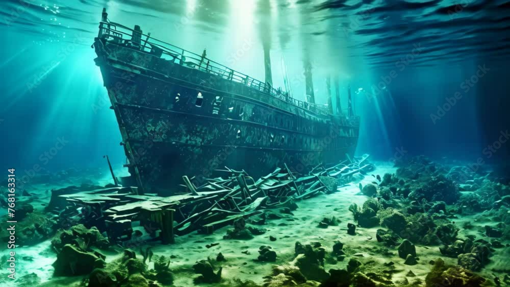 Sunken ship wreck in the blue ocean. Underwater view, Titanic shipwreck ...