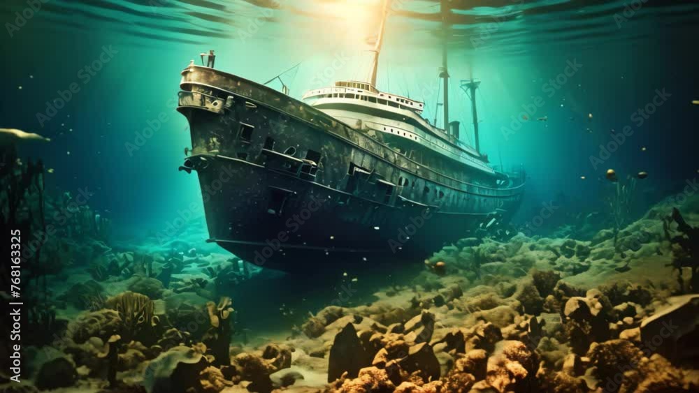 Shipwreck in the sea. Underwater world. 3d rendering, Titanic shipwreck ...