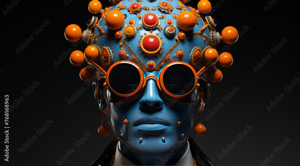 An eccentric man with a brightly painted face, unusual glasses and an ...