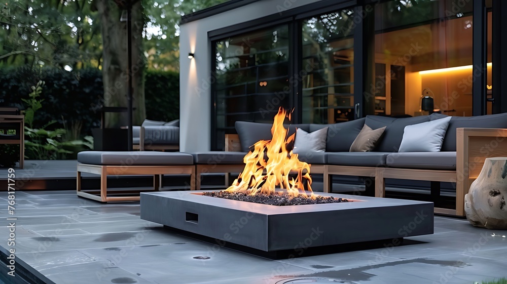 Rectangular industrial fire pit with white concrete base. Outdoor patio ...