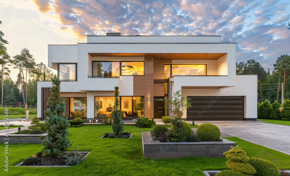 Bello chalet moderno blanco de dos plantas de estilo moderno con ...