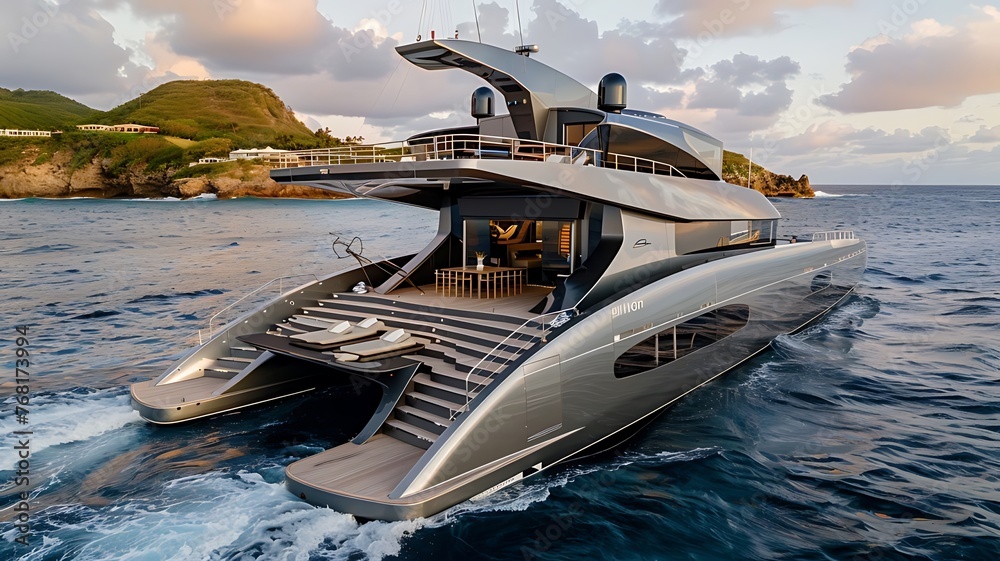 Magnificent grey modern catamaran luxury yacht sailing near an island ...