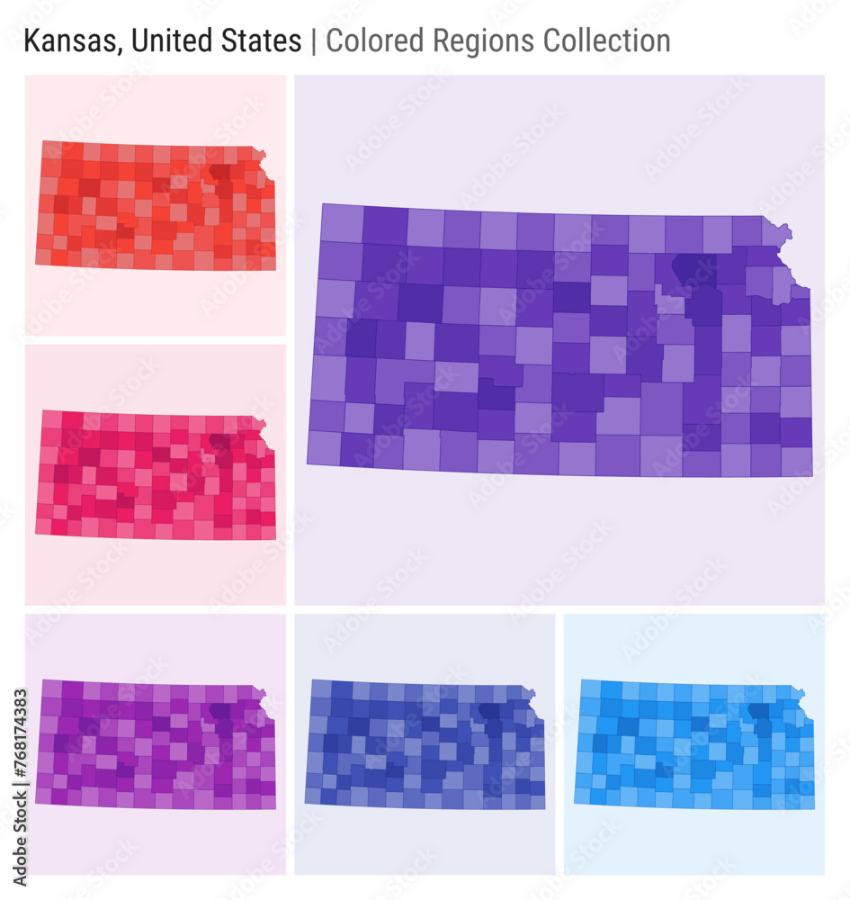 Kansas, United States. Map collection. State shape. Colored counties ...