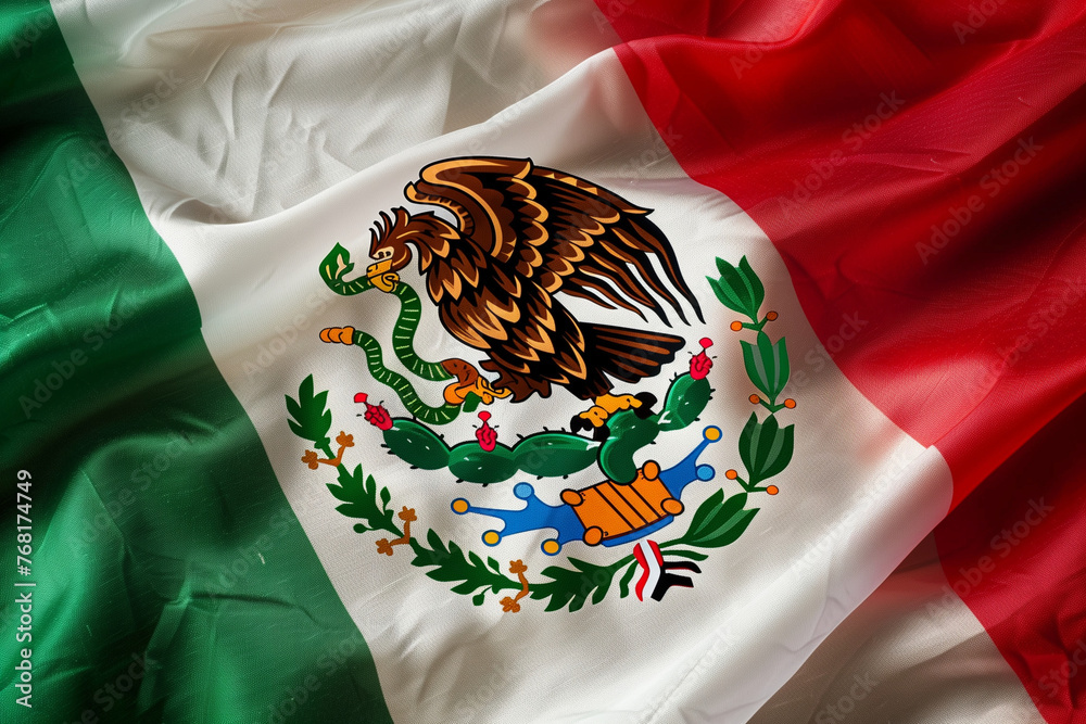 A faded, worn flag of Mexico with an eagle and a snake. The flag is red ...