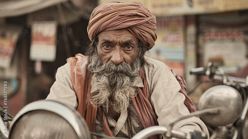 Retrato de hombre Indio con barba y turbante sentando en la calle en ...