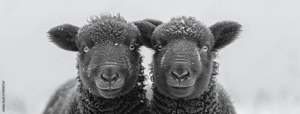 Two sheep facing forward with a snowy background in a black and white ...