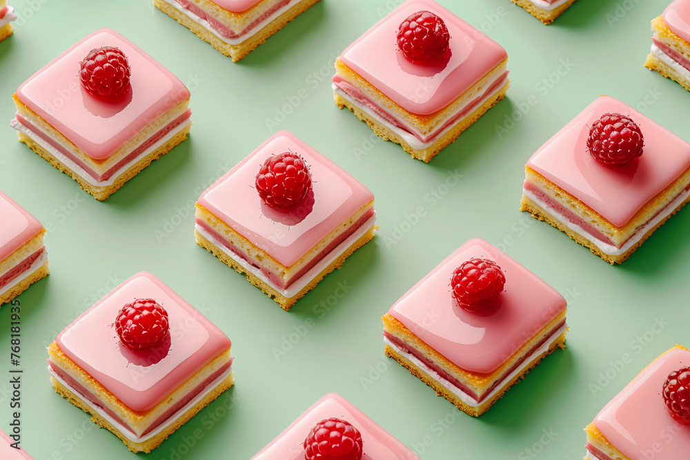 isometric pattern of layered rectangle cakes with pink glaze and one ...
