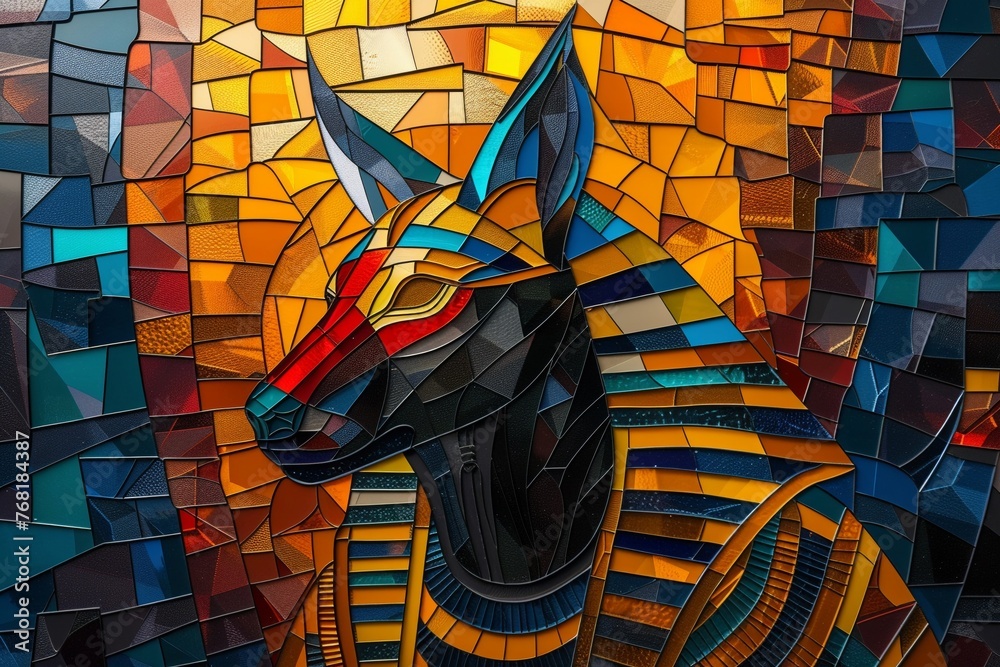 Vibrant stainedglass portrait of Anubis, bold lines and rich colors ...