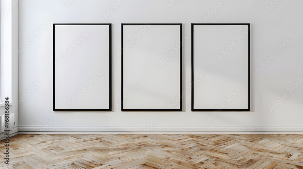 Three empty vertical black frame mock up in a white interior room ...