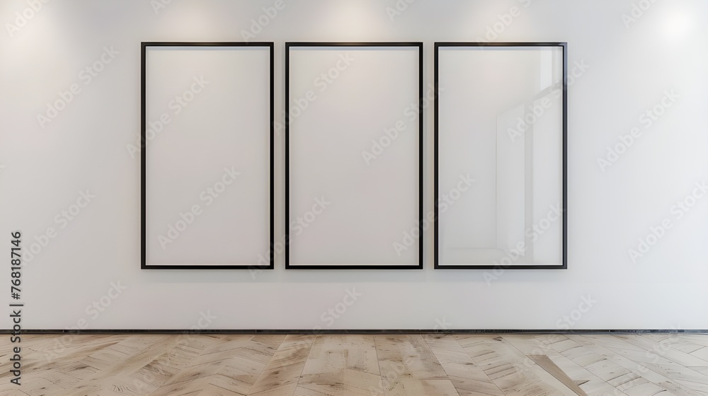 Three empty vertical black frame mock up in a white interior room design with wooden oak floor ...