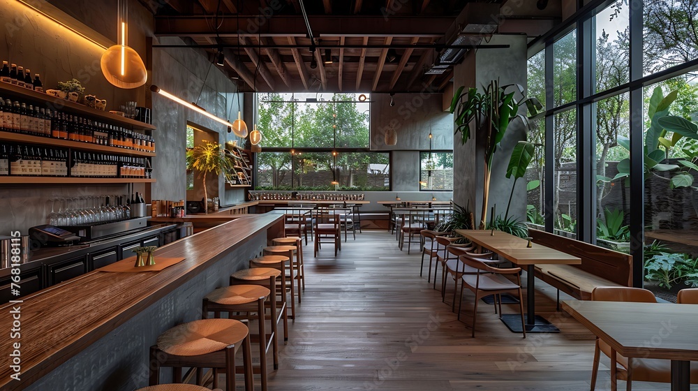 The image is a long shot of a modern restaurant interior. The ...