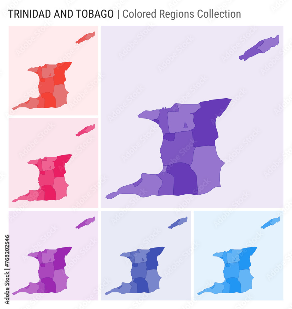 Trinidad and Tobago map collection. Country shape with colored regions ...