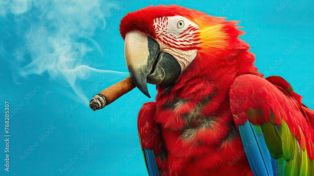 Bold macaw parrot puffing on a cigar, its bright plumage in focus ...