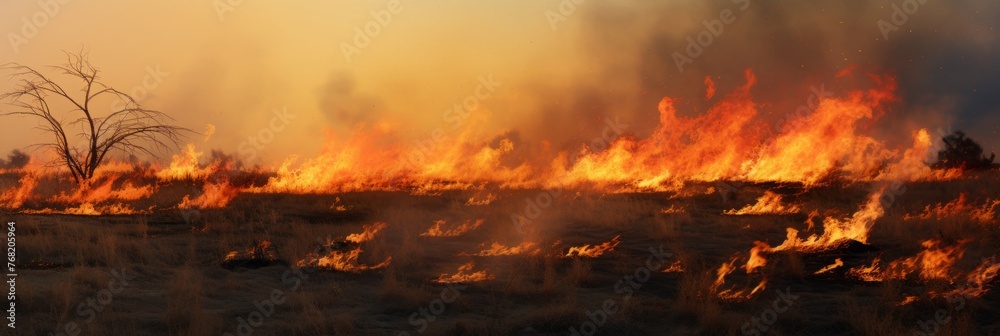 panorama of a fire in a field or steppe. burning dry withered grass. a ...