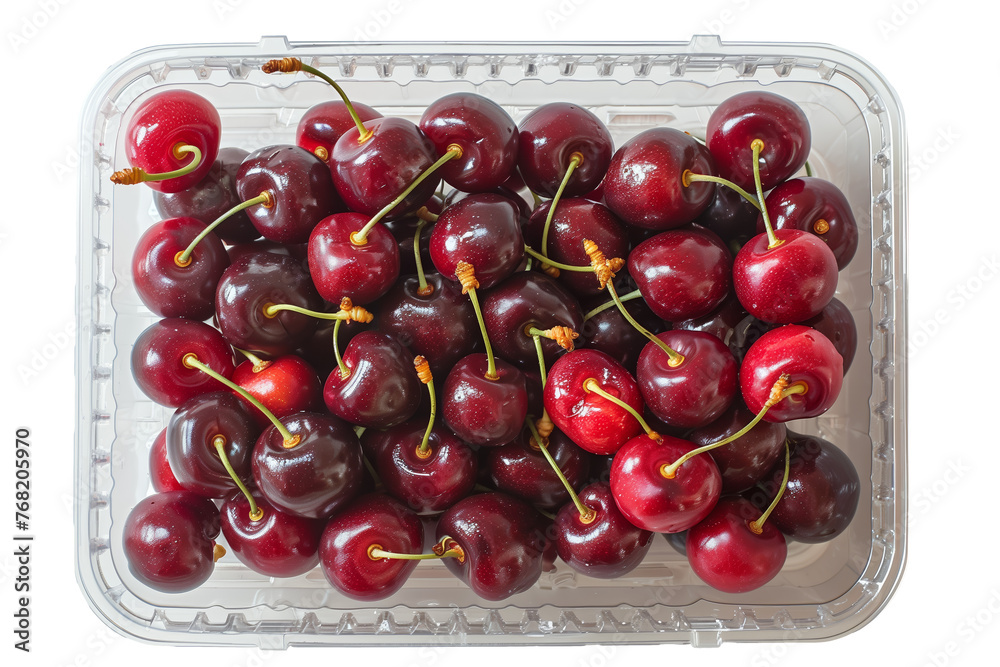 Cherries in the plastic shop package isolated on transparent background ...