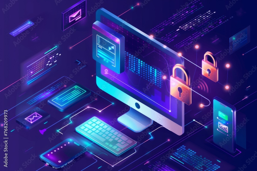 Cybersecurity concept with neon-glow workspace. Illuminated digital security workspace setup ...