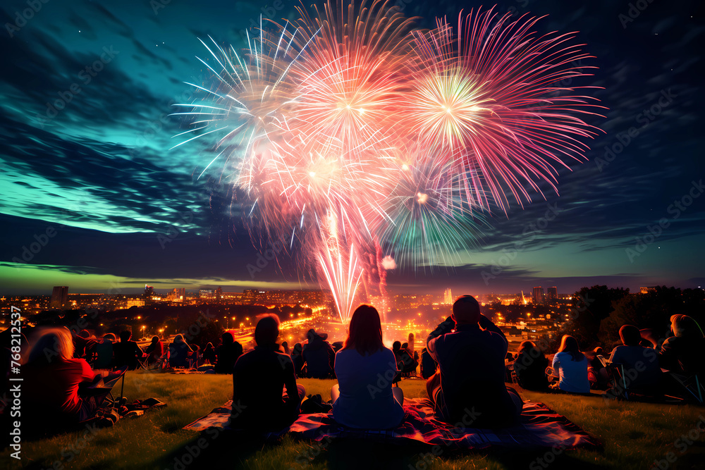A spectacular fireworks display illuminates the sky, casting a vibrant ...