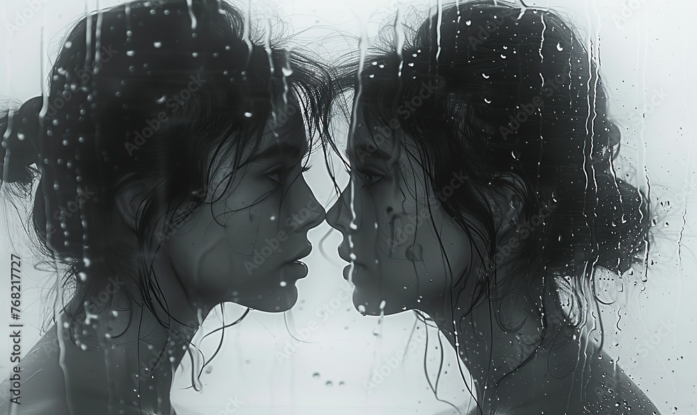 Double Exposure Portrait Of Two Beautiful Women Behind Wet Glass With