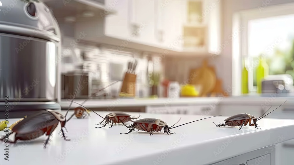 Cockroaches crawling on the kitchen white table, concept of Food safety ...