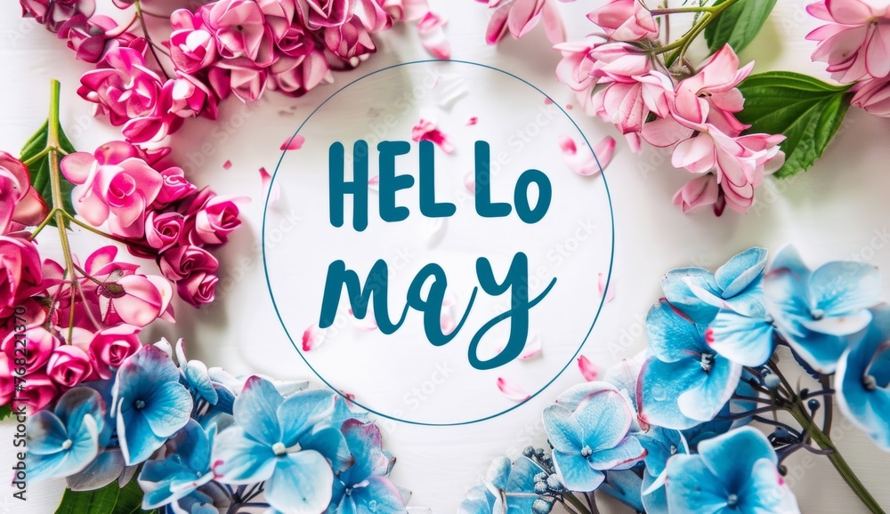 "HELLO MAY" written with pink and blue flowers, white background ...