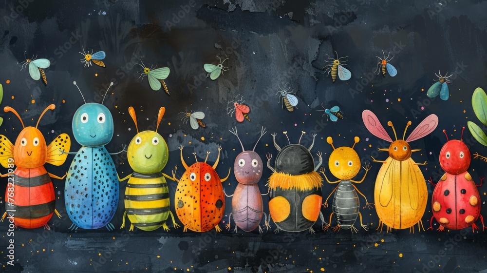 Contains cartoon insects such as wasps, bumblebees, butterflies, worms ...