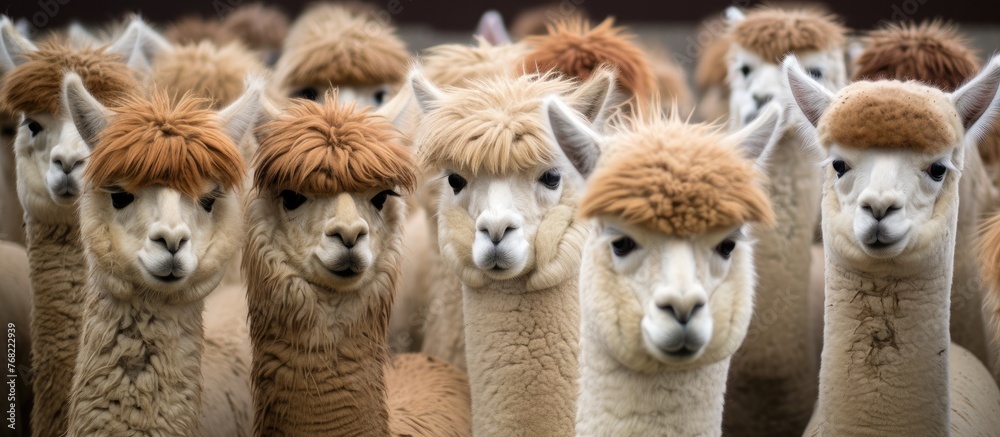 A group of alpacas with brown hair grazing together in a farm, raised ...
