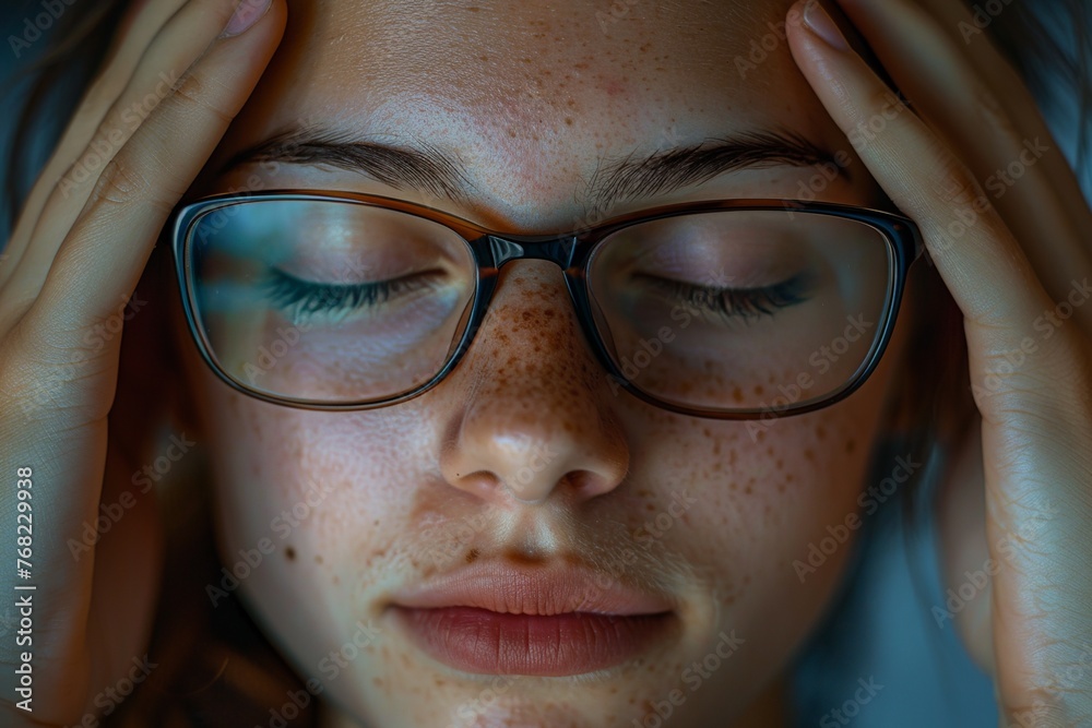 This image captures a drained woman massaging her eyelids and setting ...