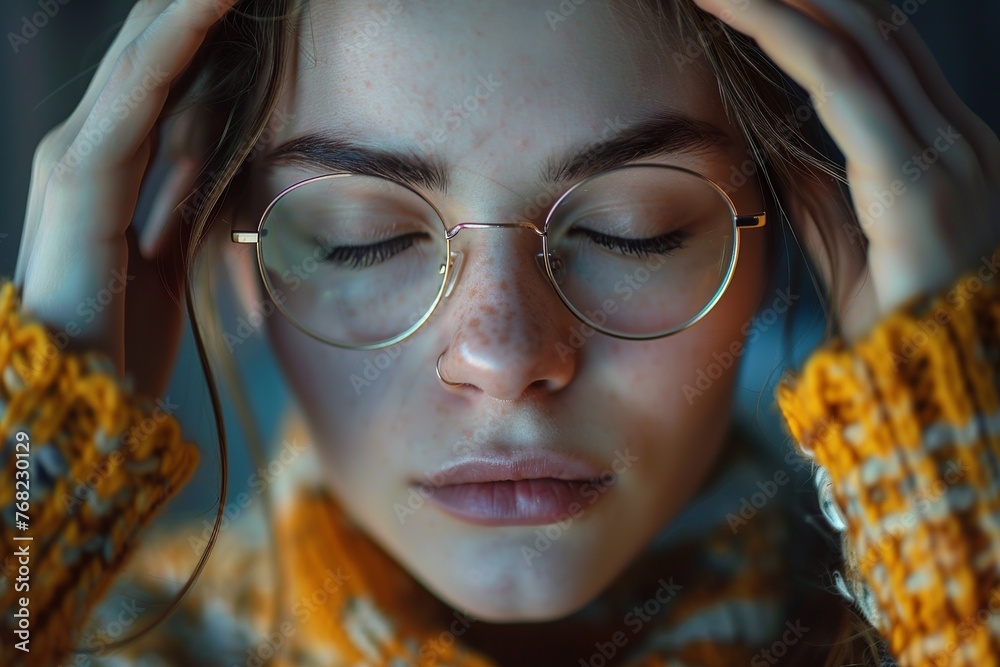 This image captures a drained woman massaging her eyelids and setting ...