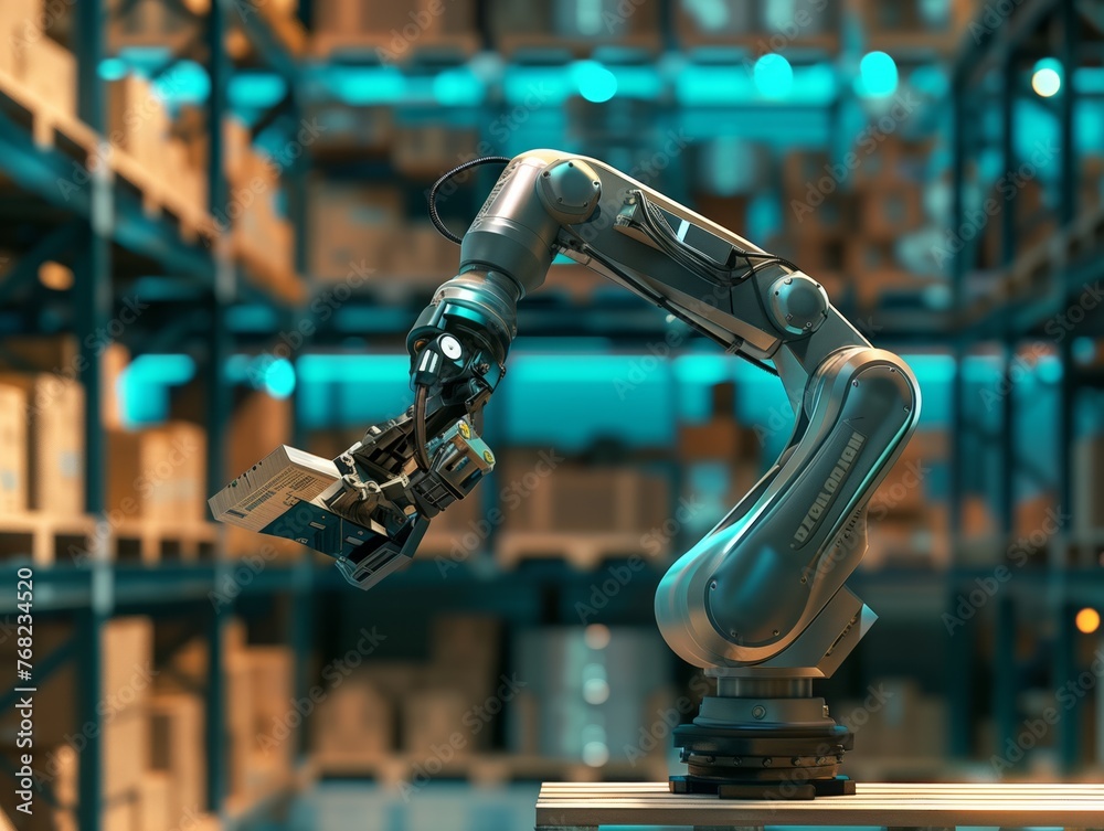 A robot arm is reaching for a box in a warehouse. The robot is designed ...