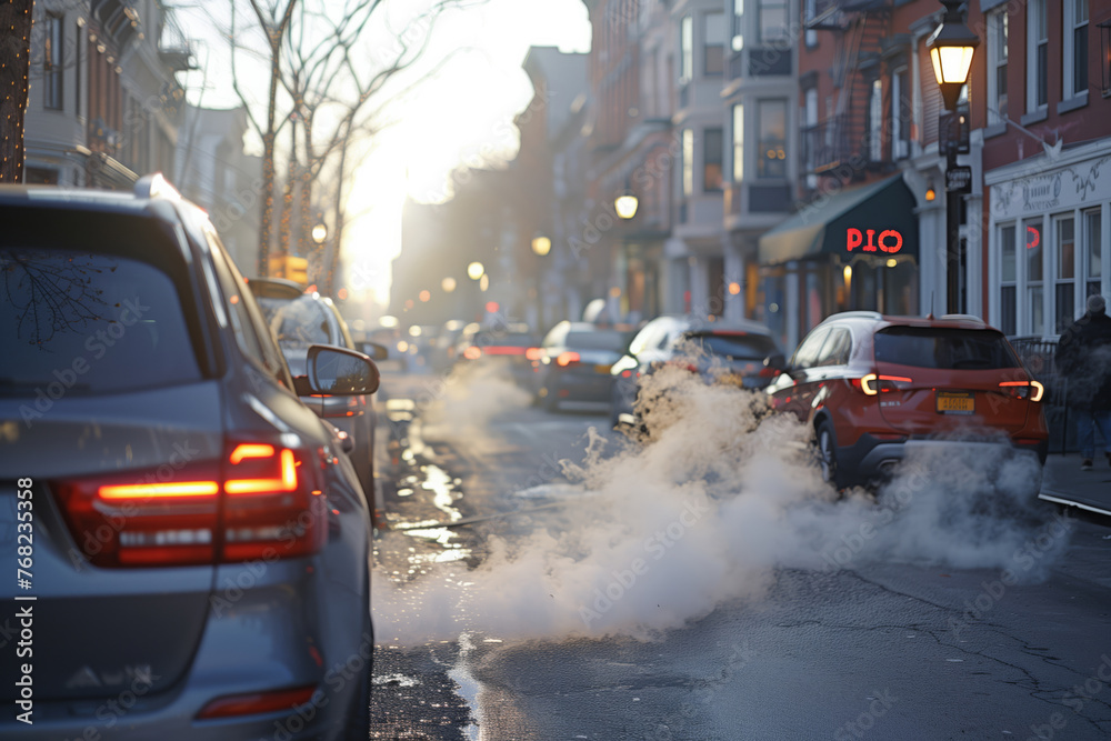 Cars emitting exhaust fumes on the roads, polluting the environment and ...