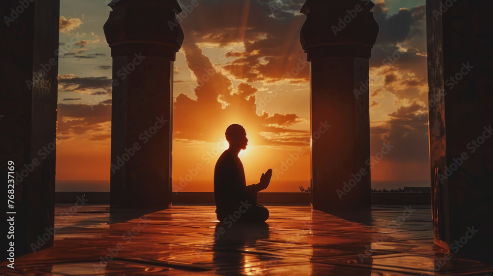 Devotee in prayer at sunset within mosque pillars. Embracing the ...