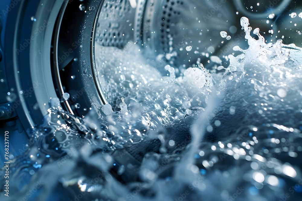 Water splashing in washing machine drum during laundry cycle. Concept ...