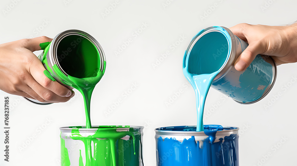 This image depicts two separate scenes of hands pouring paint into cans ...
