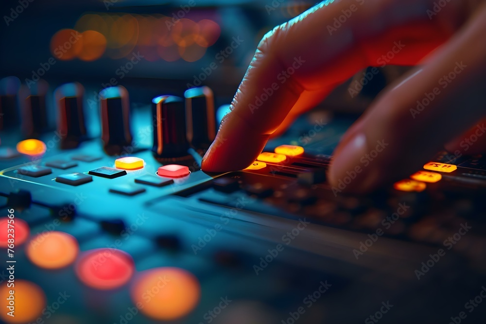 Closeup of a hand pressing a button on a technology device with various ...