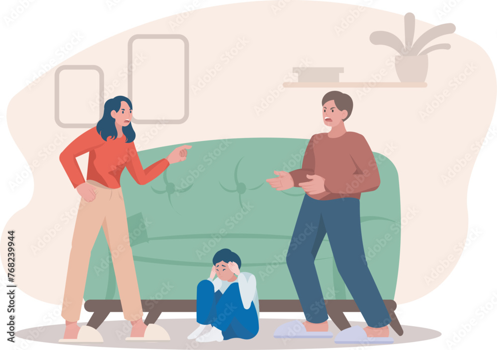 Vector illustration of parents fiercely arguing with a sad child ...