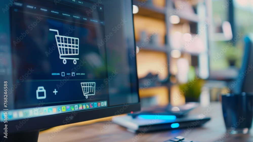 Online shopping interface on a desktop monitor in a bright office ...