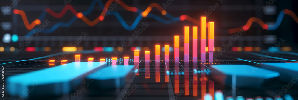 3D financial bar chart with rising and falling lines on dark background ...