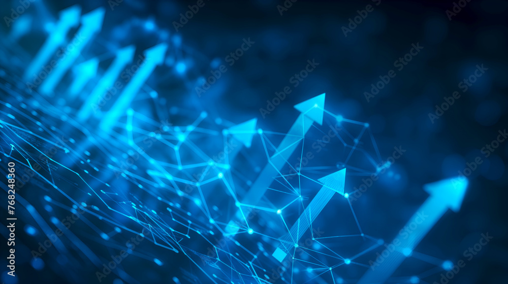 Blue digital arrows showing upward movement in stock market analysis. Futuristic graph with ...