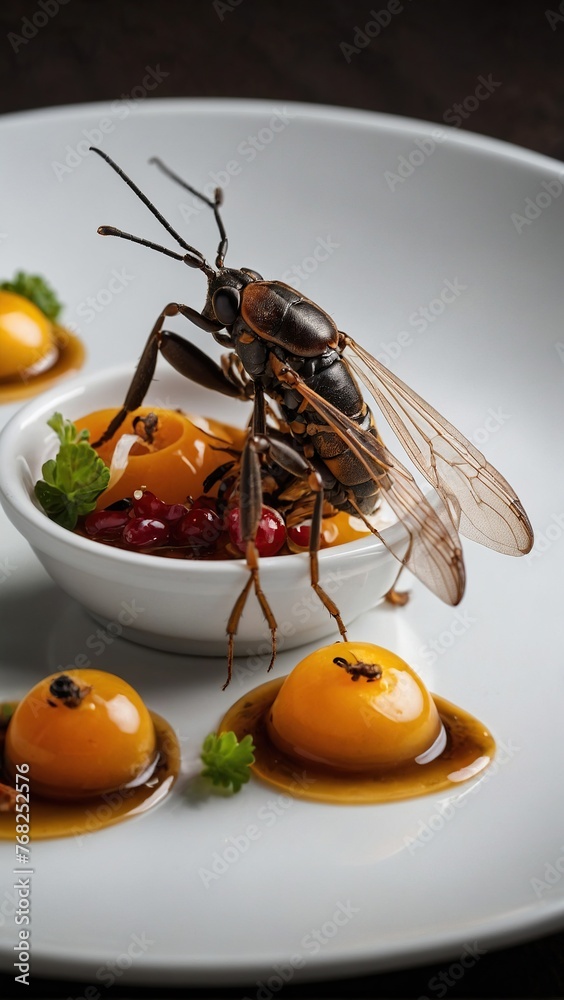 Insects, beetles and larvae as food on served plates. Concept Hunger ...